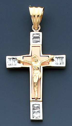 14K Tri-Color gold Cross 50mm or (2 inches ) High Accented With Cubic ...