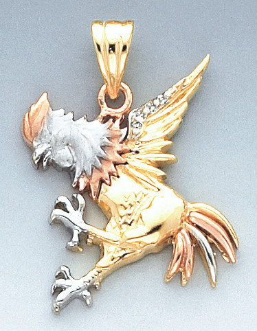 14K Gold Tri-Color Rooster Charm 35mm Tall By 23mm Wide | Sarraf.com