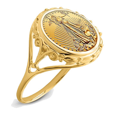 14k Yellow Gold Ladies 20.3mm Coin Ring With A 22k 1/10 Oz American ...