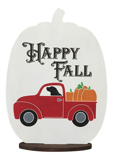 Happy Fall Red Truck with Black Lab and Pumpkins Table or Shelf Decor ...