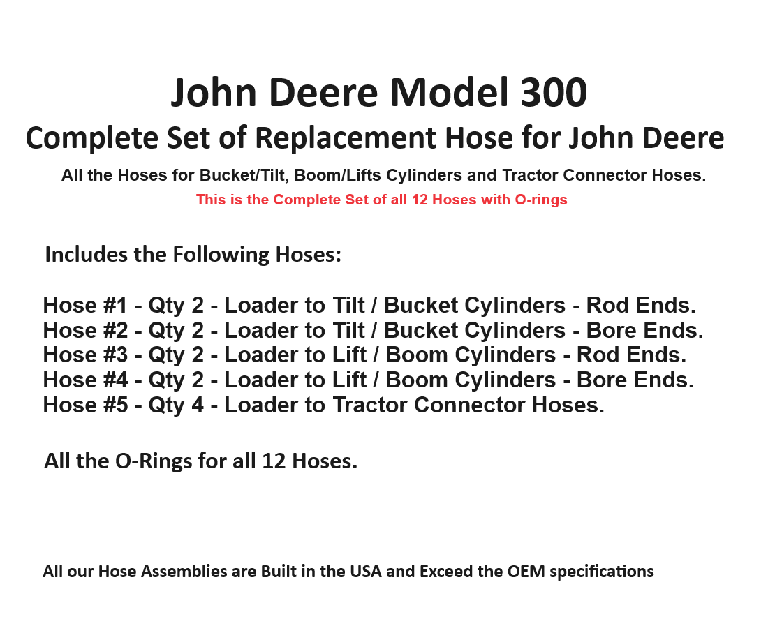 John Deere 300 Loader Hose Kit New Replacement - Hydraulic Express