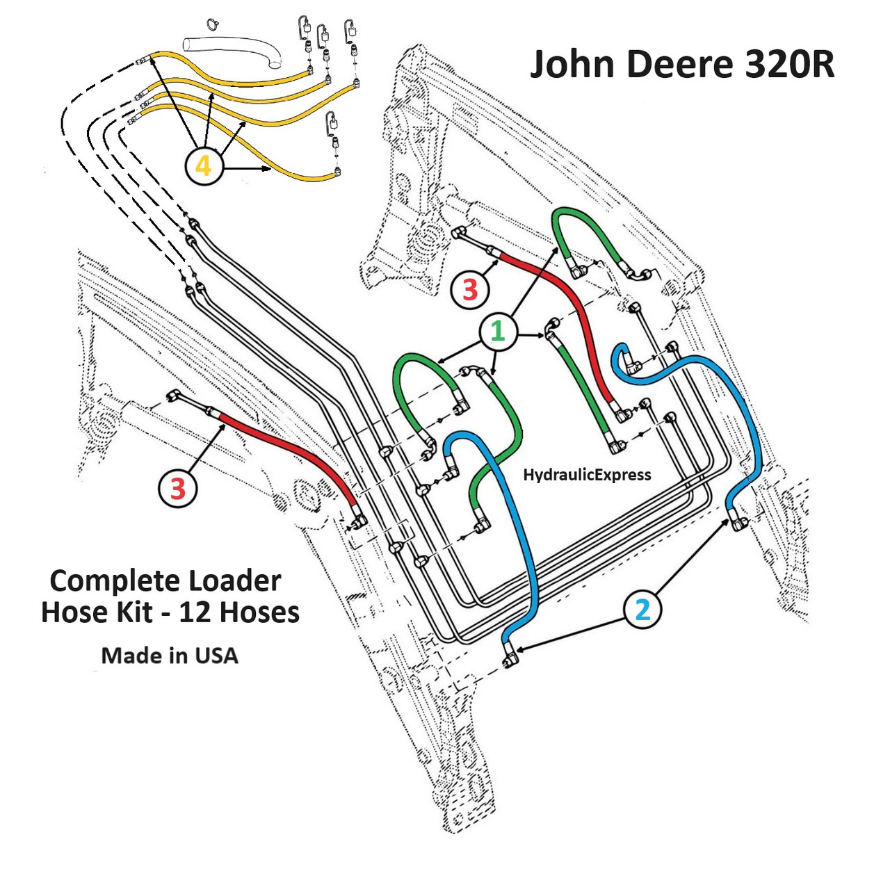 John Deere 320R Loader Hose Kit New Replacement - Hydraulic Express
