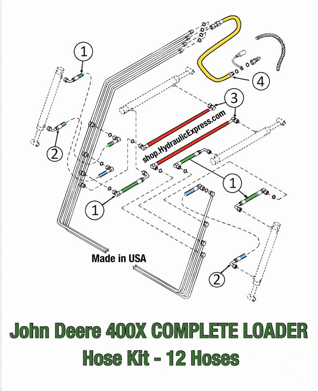 John Deere 400X Loader Hose Kit New Replacement - Hydraulic Express