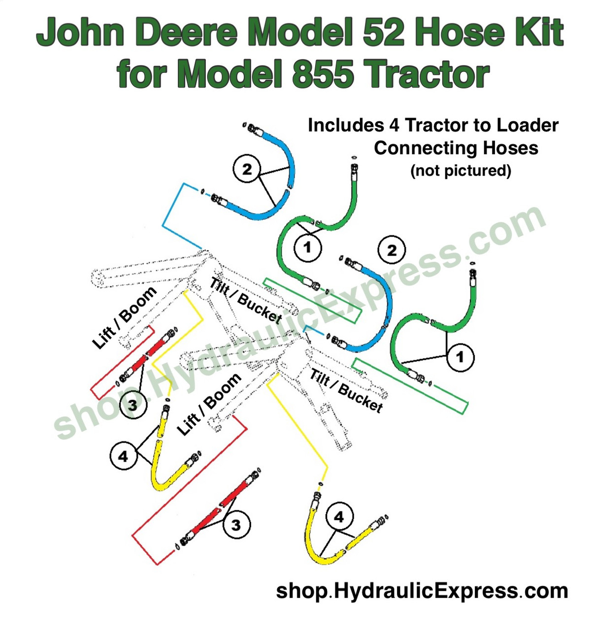 John Deere 52 Loader Hose Kit 855 Tractor New Replacement - Hydraulic ...