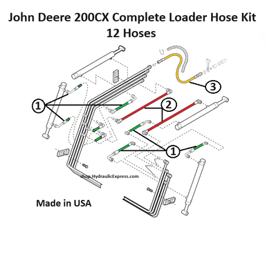 John Deere 200CX Loader Hose Kit New Replacement - Hydraulic Express