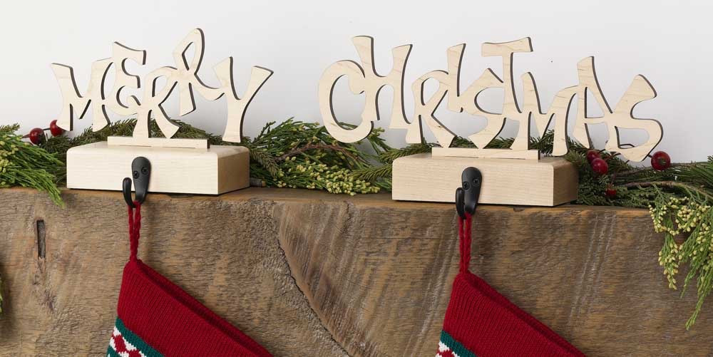 MERRY CHRISTMAS Wood Christmas Stocking Holders | Maple (Set of 2)