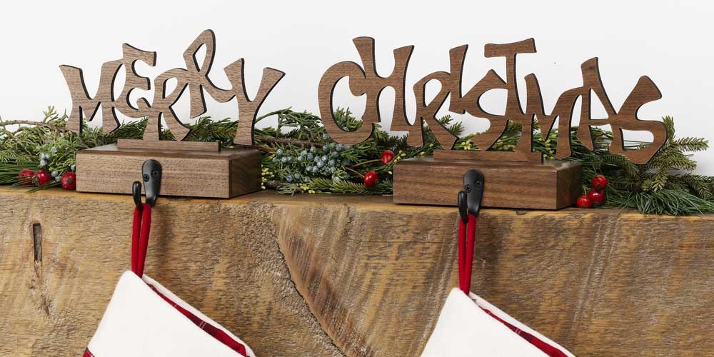 MERRY CHRISTMAS Wood Christmas Stocking Holders | Maple (Set of 2)