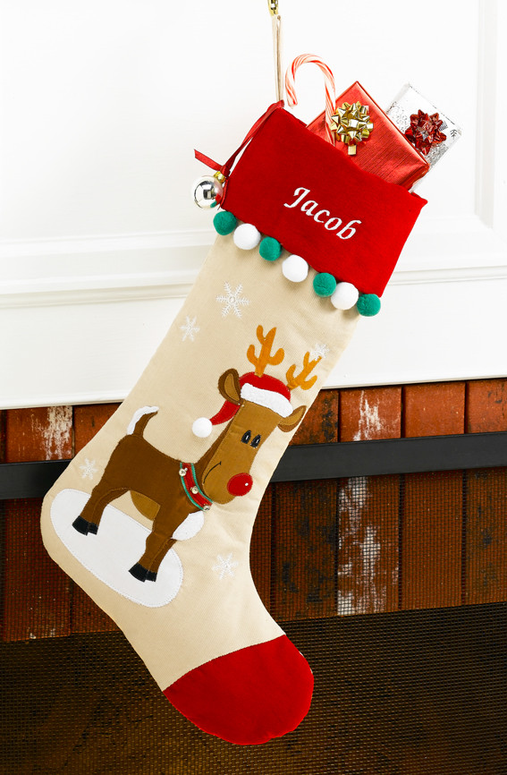 Reindeer Personalized Christmas Stocking - Red Velvet - Corduroy