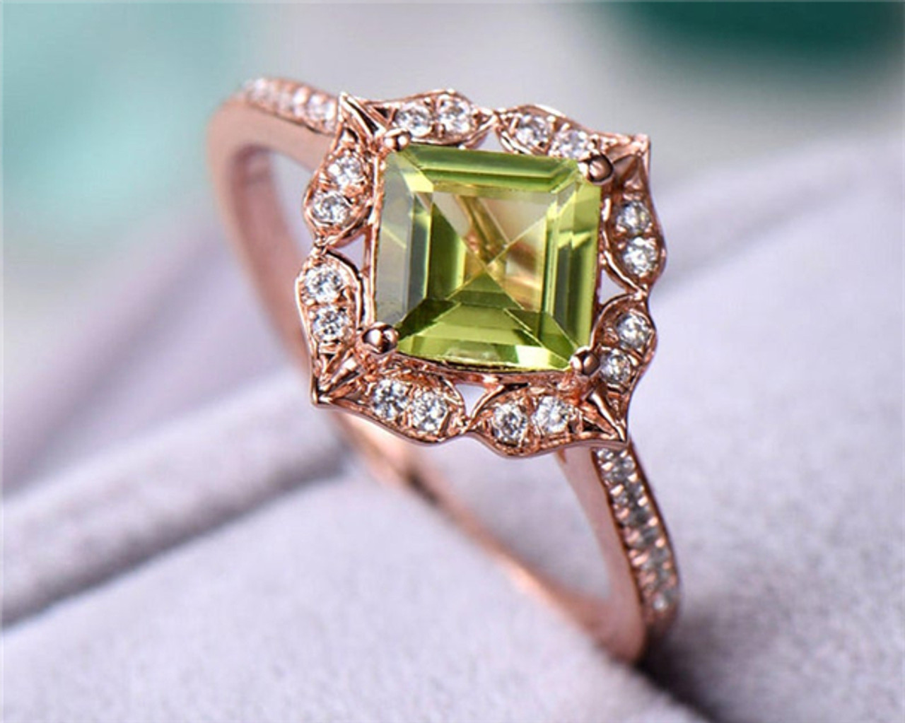 Green peridot engagement ring rose