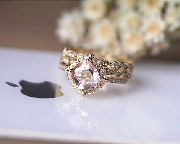 Vintage Cushion Morganite Ring Set Solid 14K Yellow Gold Morganite ...