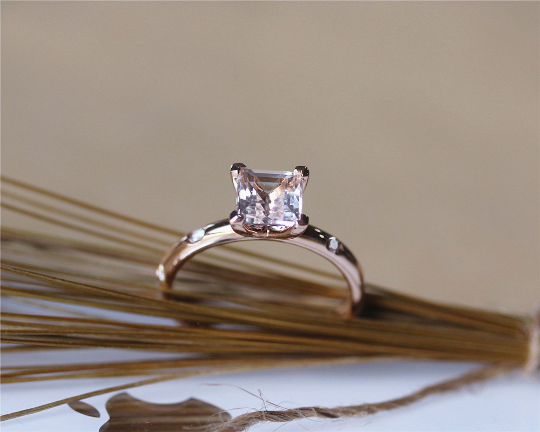 6.5mm Princess Cut Morganite Ring Solid 14K Rose Gold Morganite ...