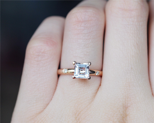 6.5mm Princess Cut Morganite Ring Solid 14K Rose Gold Morganite ...