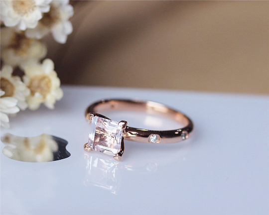 6.5mm Princess Cut Morganite Ring Solid 14K Rose Gold Morganite ...