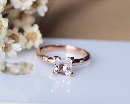 6.5mm Princess Cut Morganite Ring Solid 14K Rose Gold Morganite ...