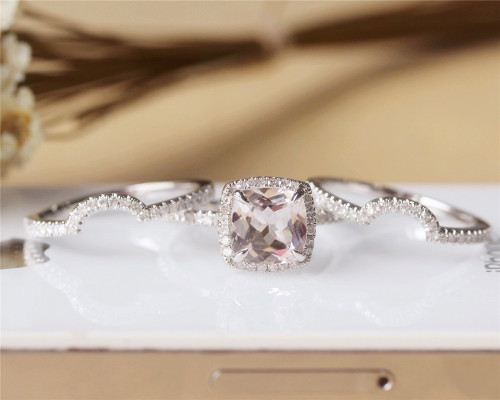 Cushion Cut Morganite Ring Set Solid 14K White Gold Morganite ...