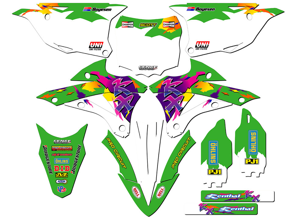 Kawasaki KX 100 Dirt Bike Graphics Kit - THROWBACK | SENGE GRAPHICS INC