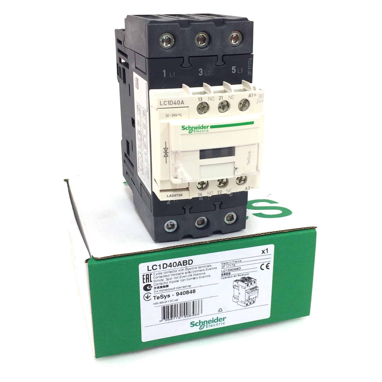 Contactor LC1D40ABD Schneider 18.5kW 24VDC 940848 LC1D40A-BD - Axxa - Motor Control & Automation