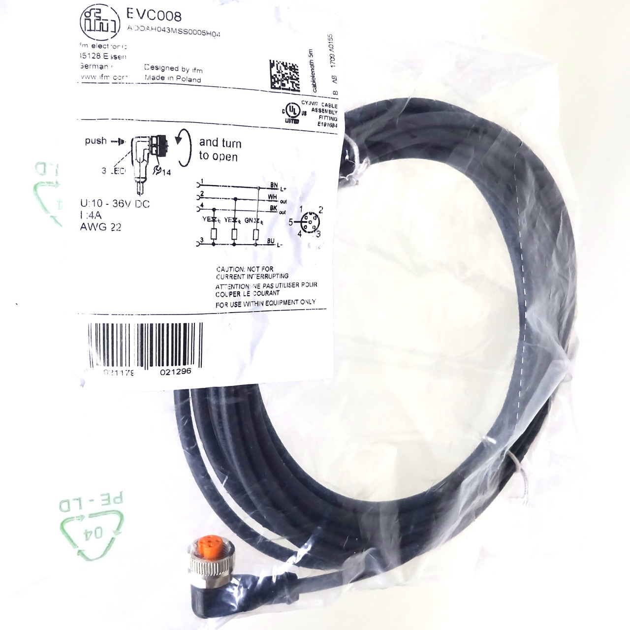 Cable with connector EVT010 IFM M12 PVC 5m - Axxa - Motors & Motor Control