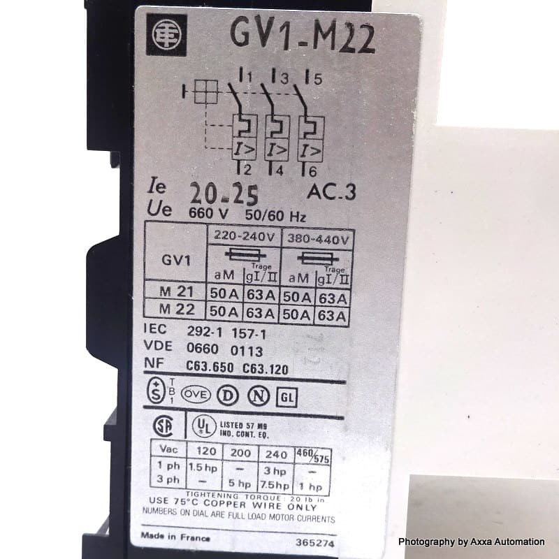 Motor Circuit Breaker GV1-M22 Telemecanique 20-25A GV1M22 21234 - Axxa ...