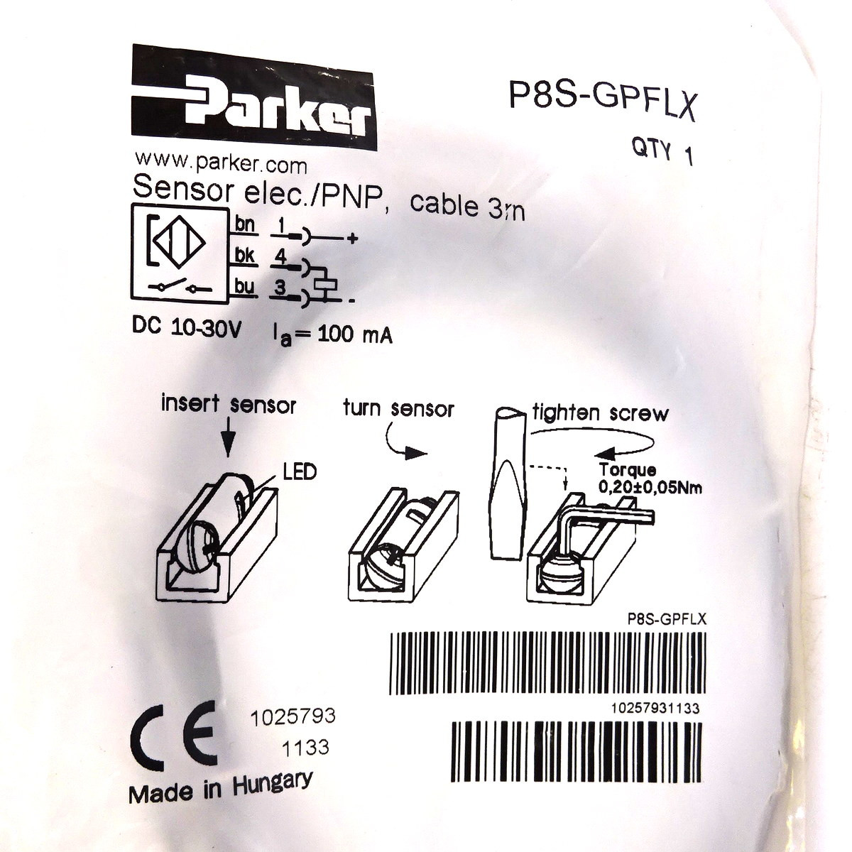 Position Sensor P8S-GPFLX Parker 10-30VDC 100mA 3m - Axxa - Motor ...