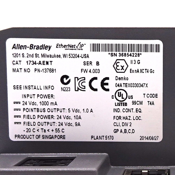 Ethernet I/O Module 1734-AENT Allen-Bradley 24VDC 1000mA 2-Port *Used ...