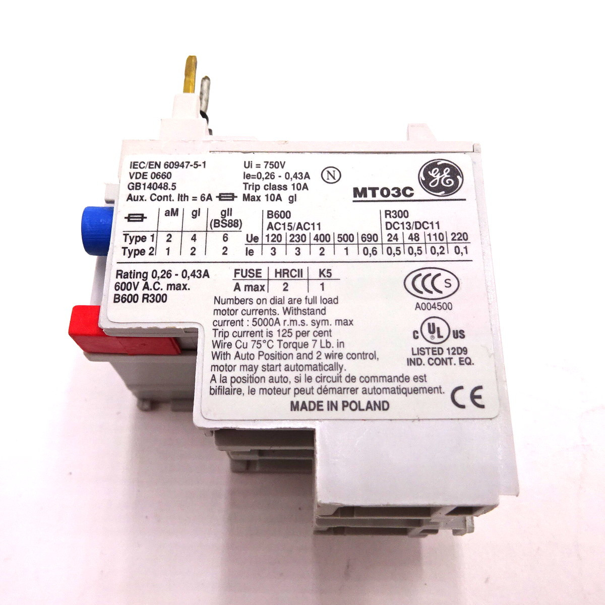 Thermal Overload Relay MT03C GE 0.26 - 0.43A 1NC 101002 *New*