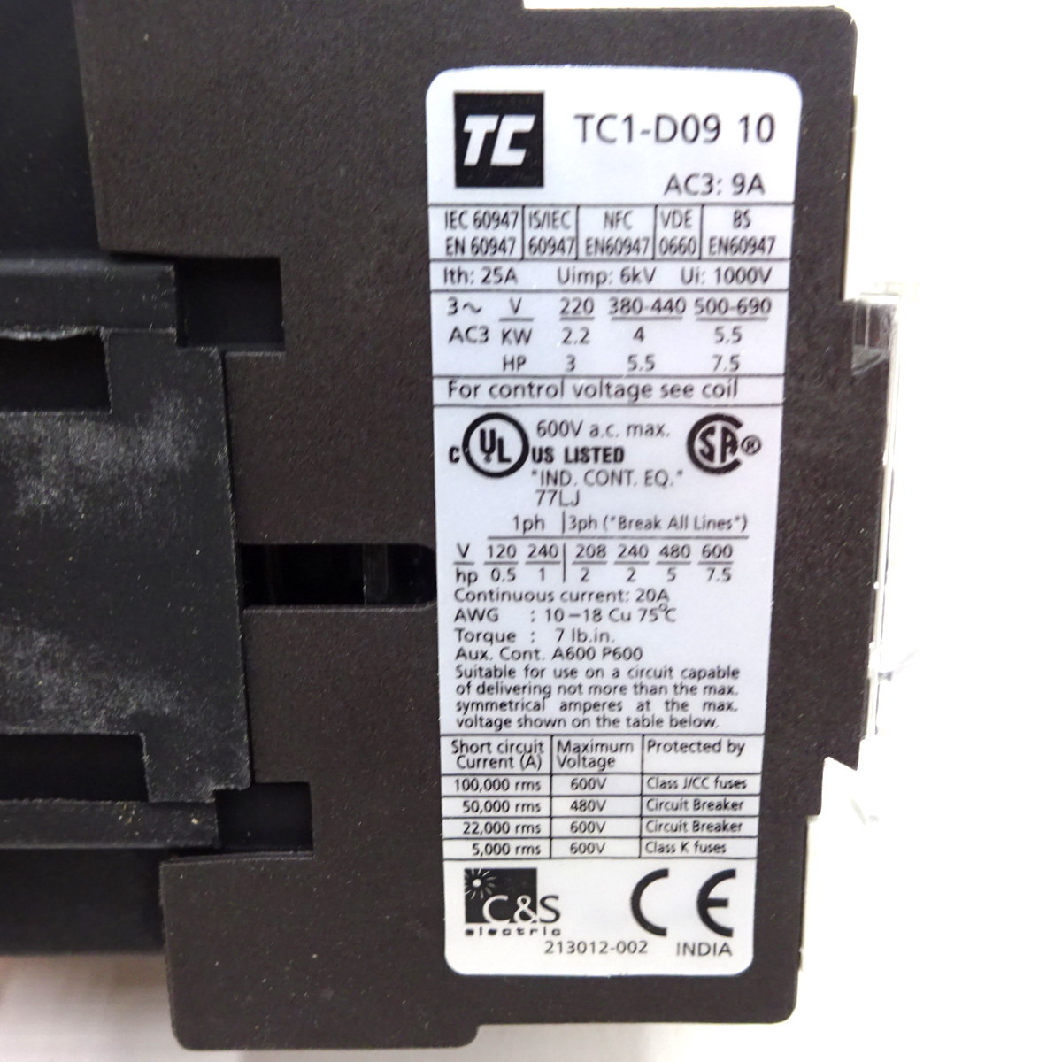 Contactor TC1D0910N7 C&S Electric AC-3 415V 9A 4kW 415VAC 50/60Hz 1NO ...
