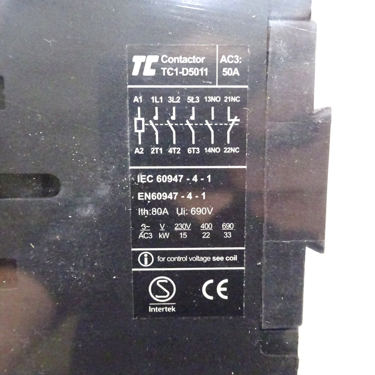 Contactor TC1D5011N7 Intertek AC-3 50A 22kW 415VAC 50/60Hz 3P 1NC+1NO ...