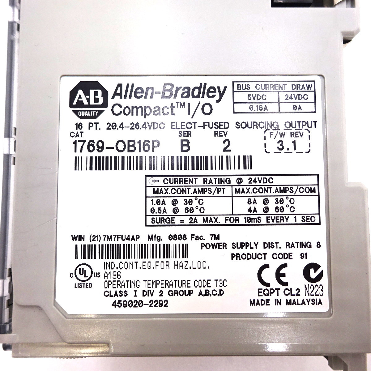 PLC Compact I/O Module 1769-OB16P Allen-Bradley SER B 16pt 24Vdc 1769OB16P *Used* - Axxa - Motor ...