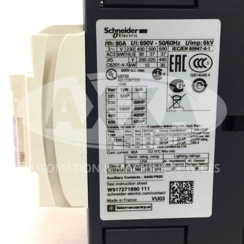 Contactor LC1D65ABD Schneider 30kW 12-24VDC 940909 LC1D65A-BD - Axxa - Motor Control & Automation