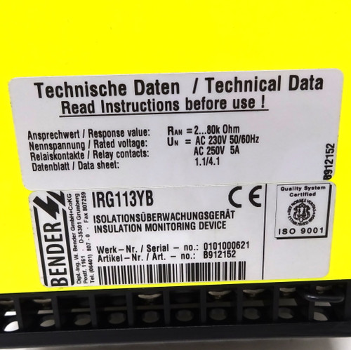 Isolation Monitoring Device IRG113YB Bender *New* - Axxa - Motor ...