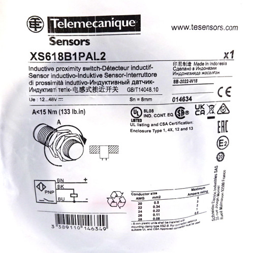 Proximity Sensor XS618B1PAL2 Telemecanique 48VDC 8mm 014634 - Axxa ...