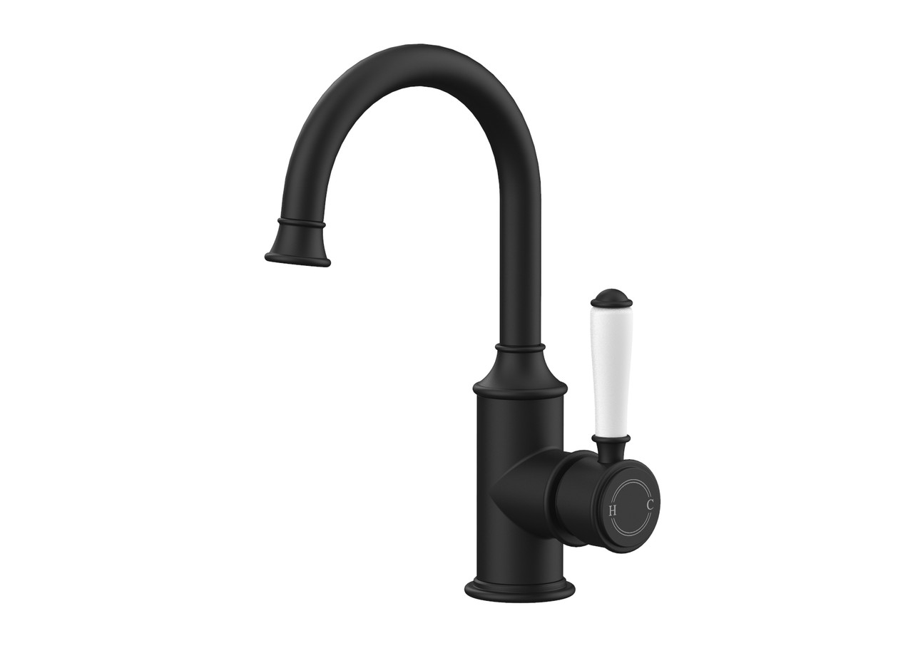 Clasico Gooseneck Basin Mixer White Ceramic Handle in Chrome, Matt ...