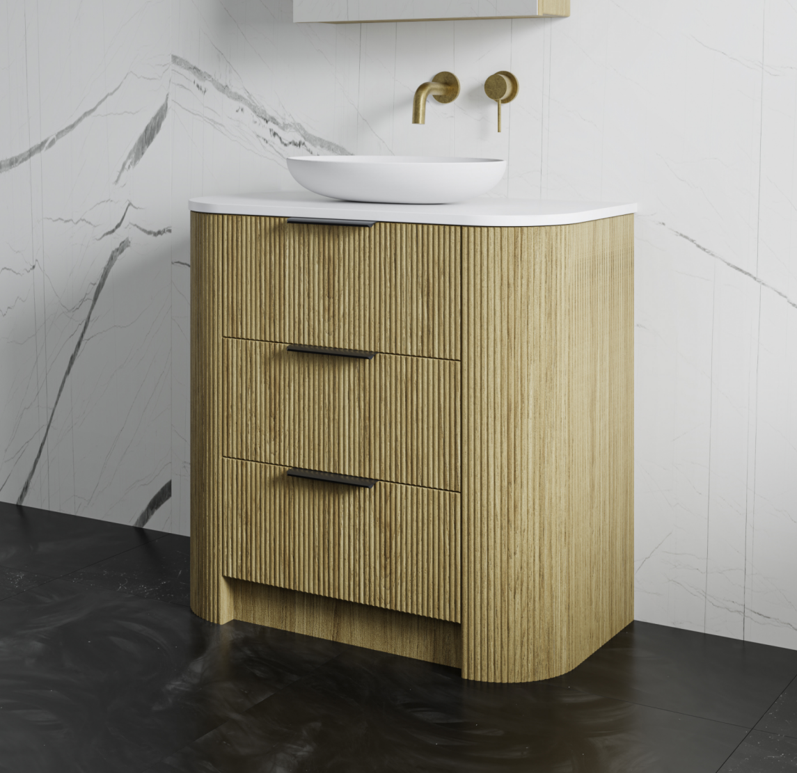 Wave American Oak Fluted Curve Corner On Kickboard 750 mm Vanity ...