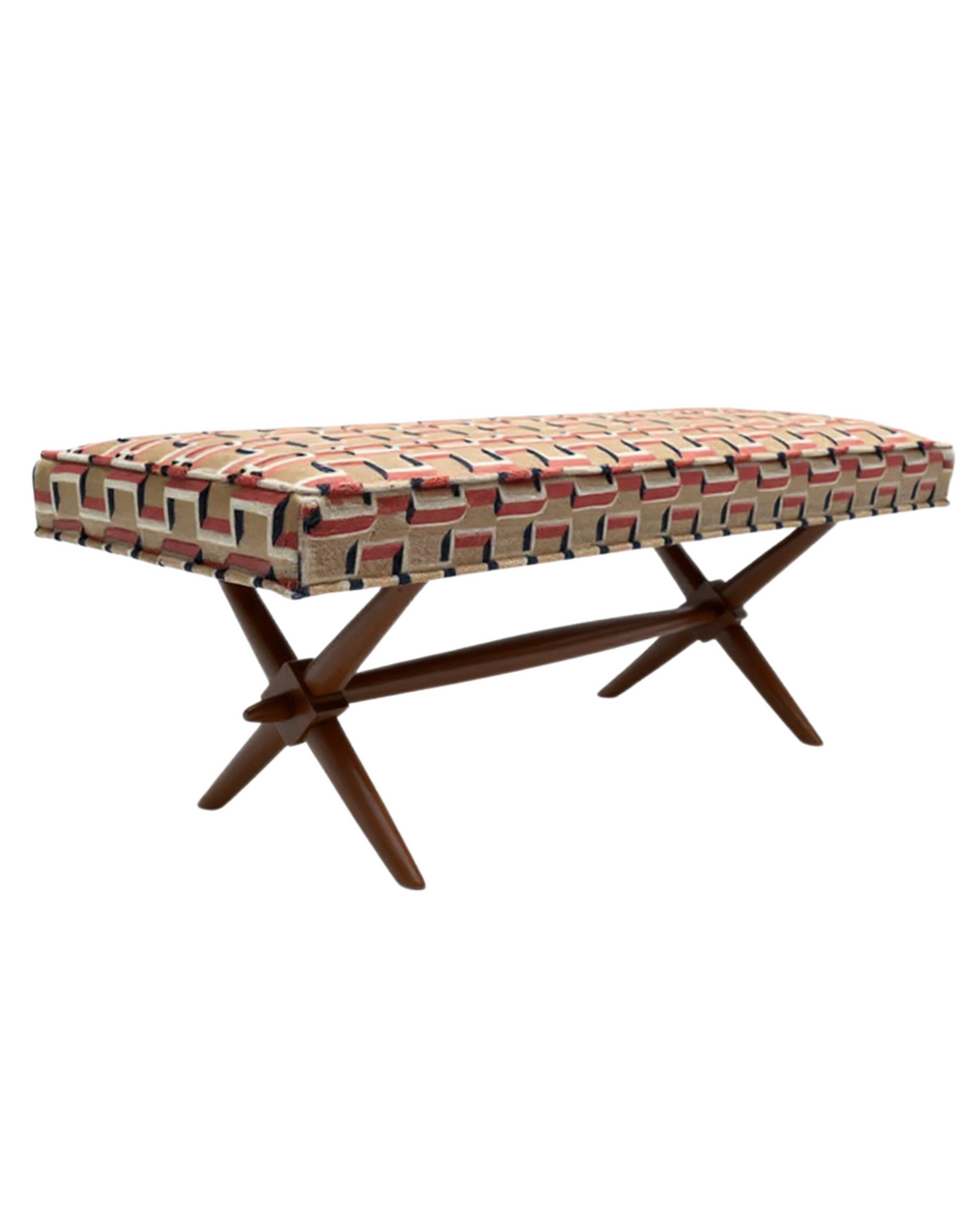 The Medellin Marchena Modern Mid-Century Style Bench, Geometric Upholstery