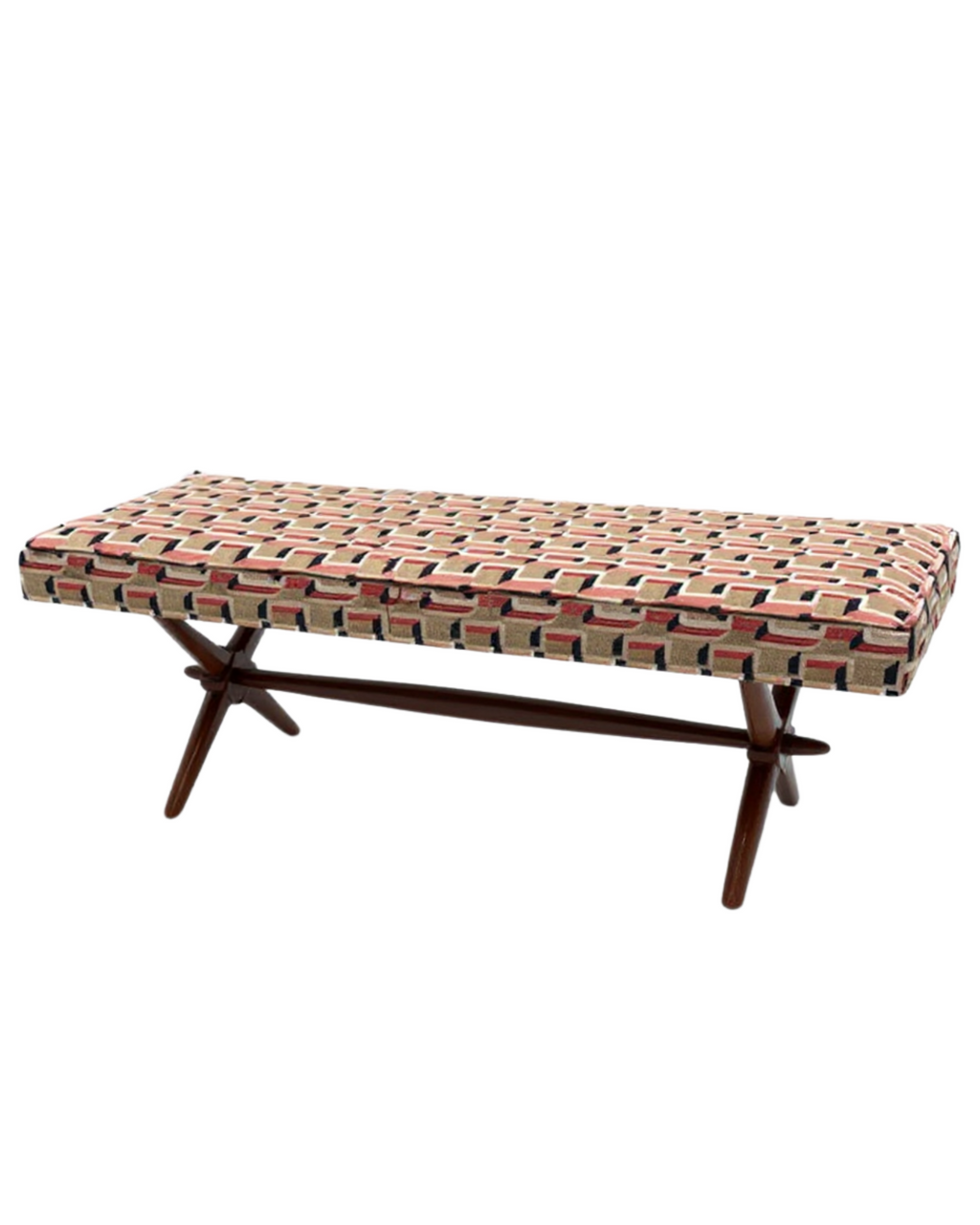 The Medellin Marchena Modern Mid-Century Style Bench, Geometric Upholstery