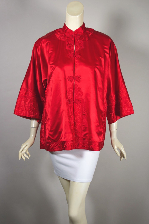 Red silk 70s blouse Asian-style kimono top jacket S-M