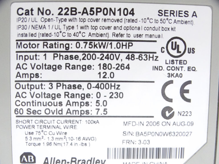 Allen Bradley 22B-A5P0N104 Series A Drive
