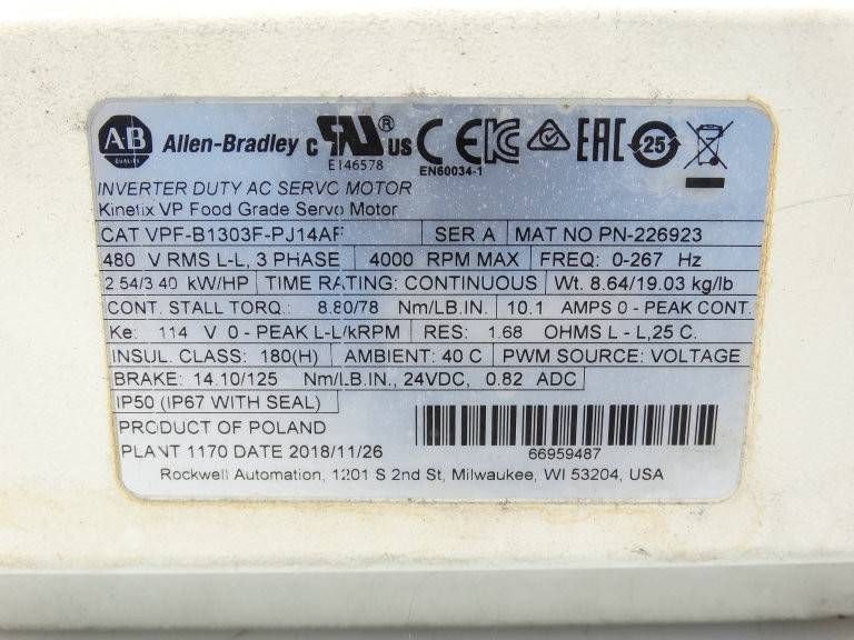 Allen Bradley VPF-B1303F-PJ14AF Series A Servo Motor