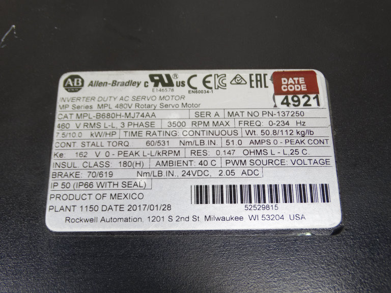 Allen Bradley MPL-B680H-MJ74AA Series A Servo Motor
