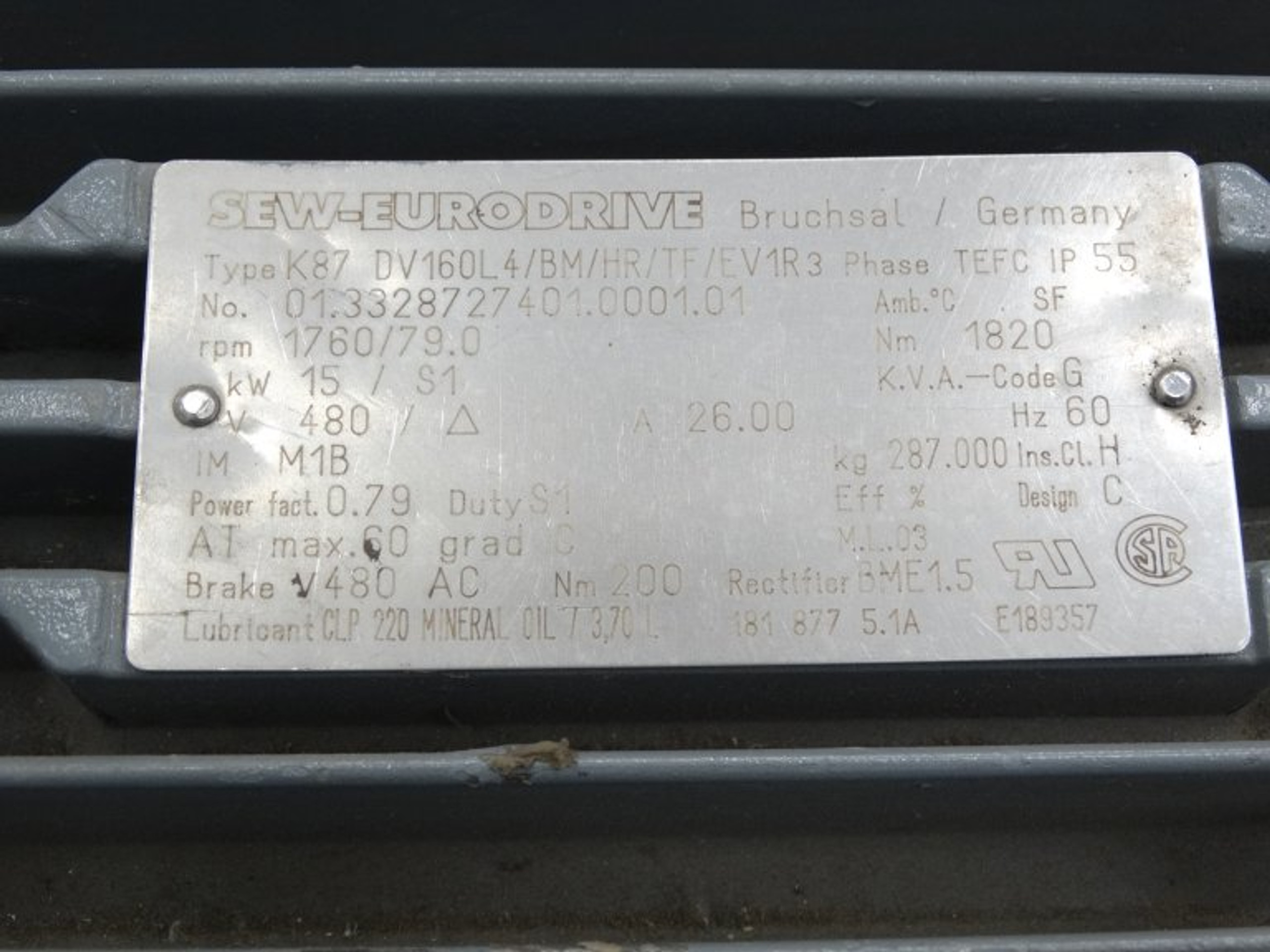 Sew Eurodrive K87 DV160L4/BM/HR/TF/EV1R Motor