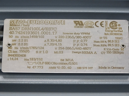 Sew Eurodrive SA57 DRN100L4/ES7C Motor