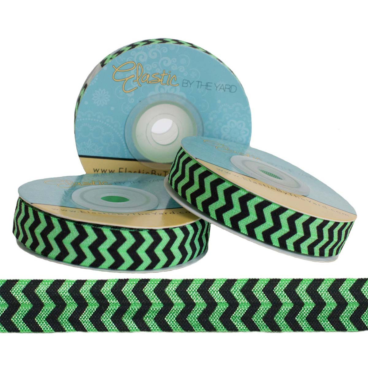 Green and White Chevron Print Fold Over Elastic