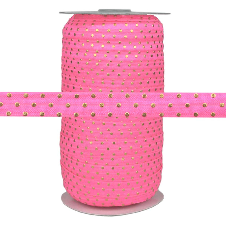 Neon Pink with Gold Metallic Dots Fold Over Elastic