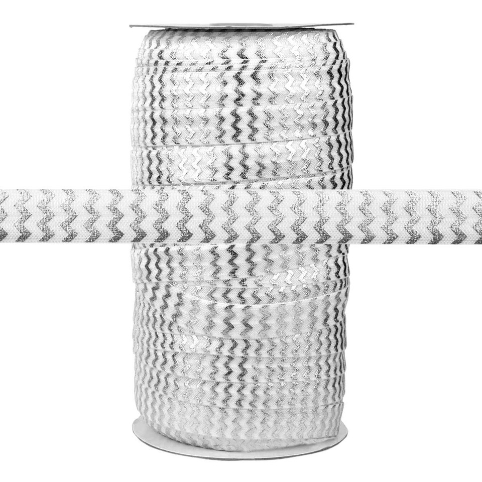 White with Silver Metallic Chevron Fold Over Elastic