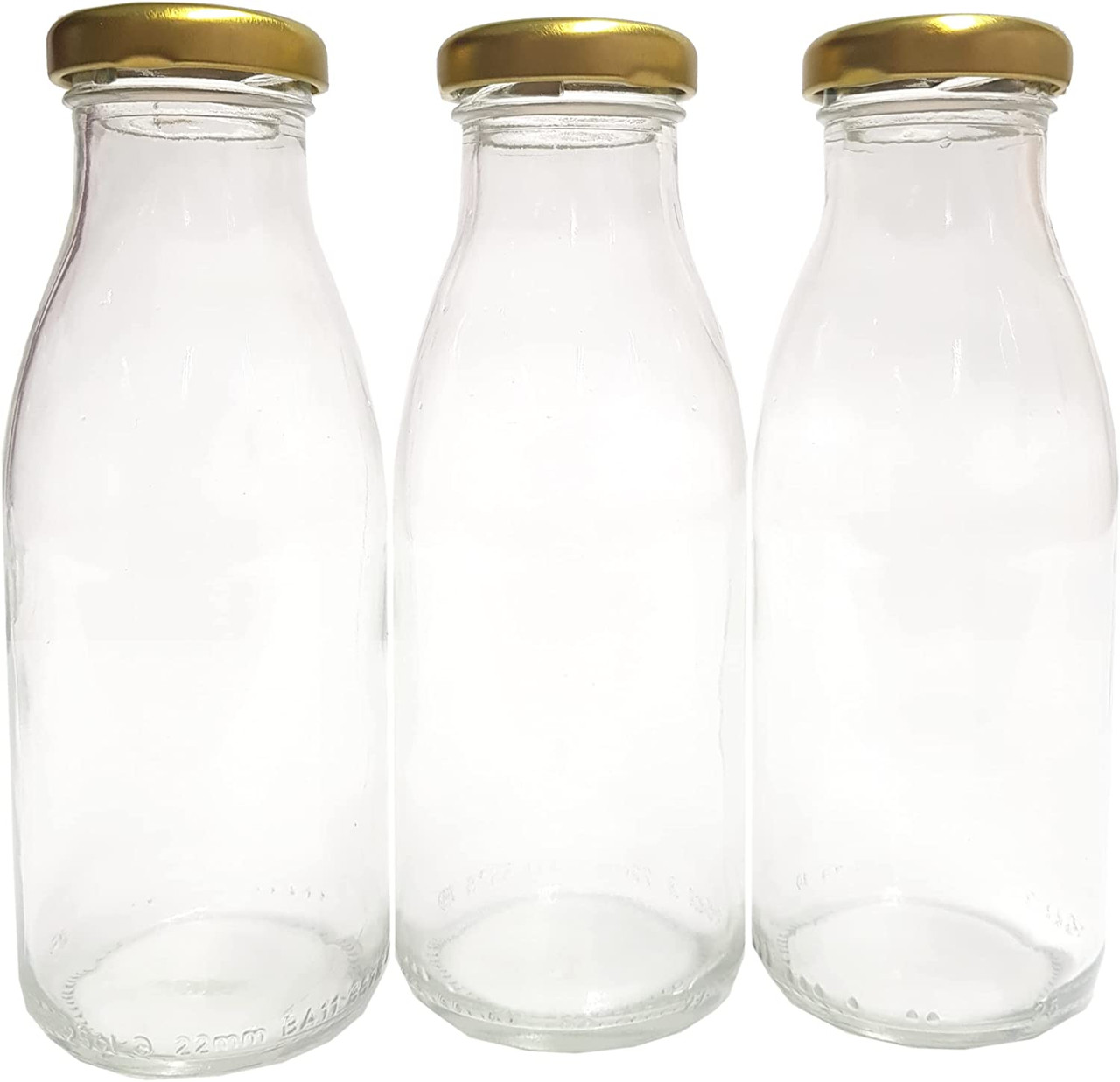 3 Glass Milk Bottles with Gold Lids 250ml