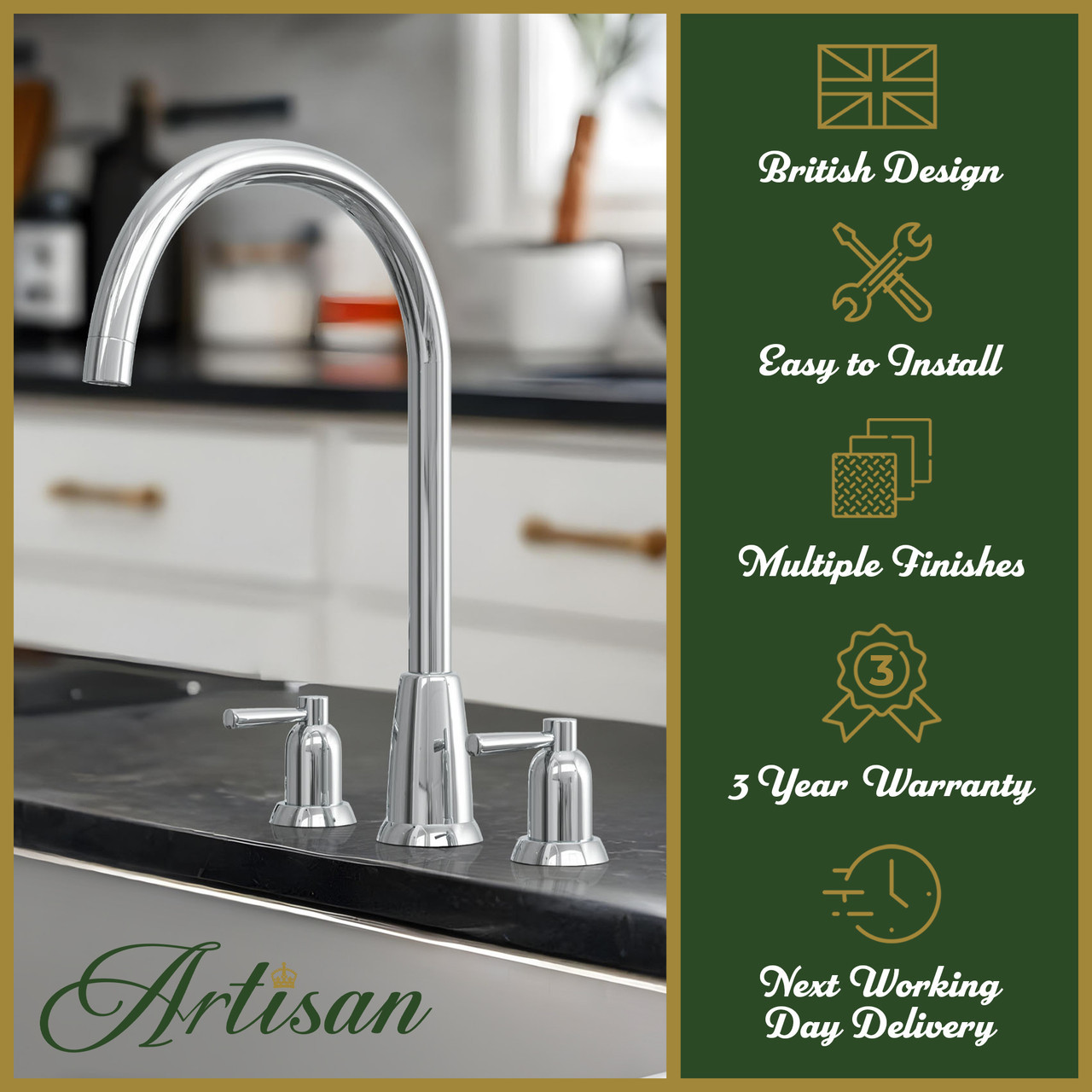 Artisan Kensington 3 Hole Chrome Kitchen Mixer Tap | Taps.co.uk