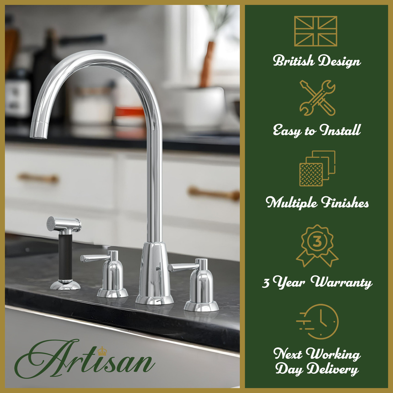 Kensington 3 Hole Chrome Kitchen Tap, Handspray | Taps.co.uk