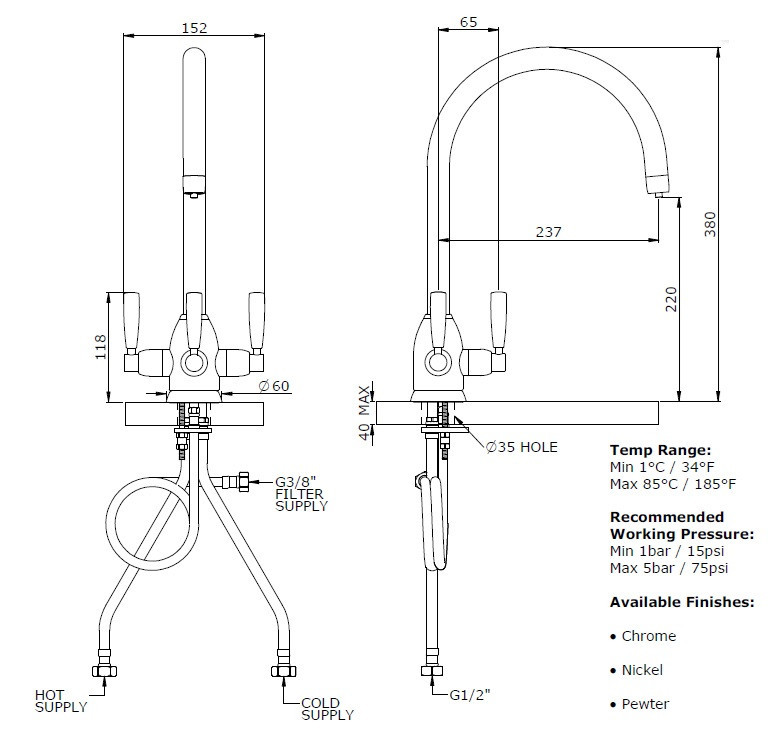 Triflow Whitehall Filter Tap C Spout - Nickel | Best Kitchen Filter Tap