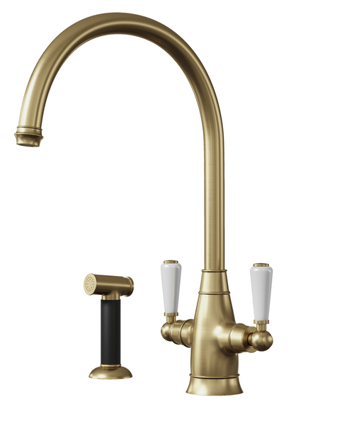 Artisan Windsor Brushed Brass Mixer Tap with Rinse | Taps.co.uk